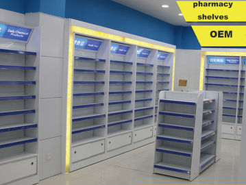 Retail Metal Drugstore Pharmacy Gondola Shelving Eye Catching 1-7 Layers